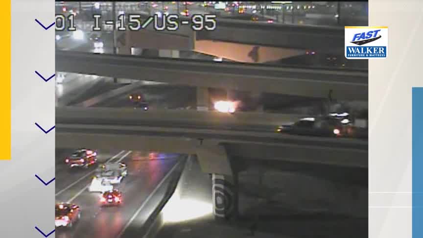 VIDEO: Car fire on US 95 flyover in Spaghetti Bowl – KLAS